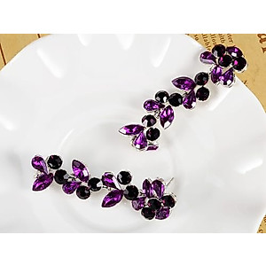 Alilang Metal Tone Grape Colored Stone Embellished Flower Leaves Dangling Earrings, Purple