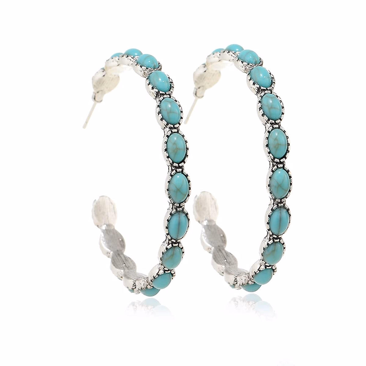 Boho Turquoise Oval Drop Dangle Earrings for Women Beaded Western Flower Teardrop Earrings Vintage Ethnic Alloy Pendant Jewelry Gift (HOOP EARRINGS)