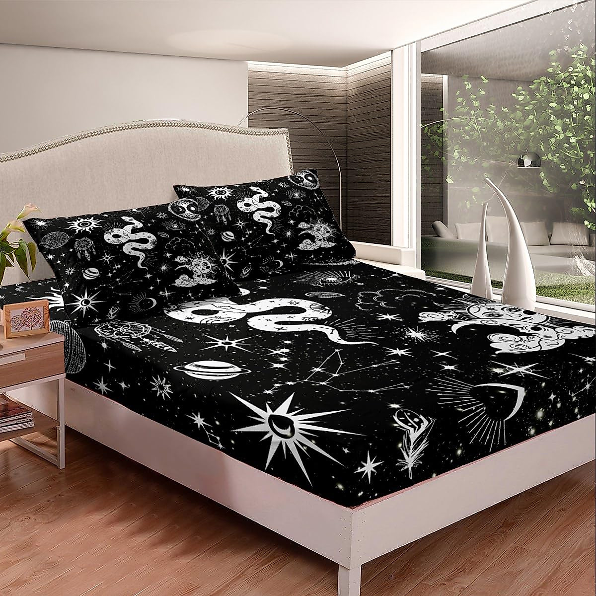 Black White Snake Fitted Sheet Full Size,Sun Moon Stars Constellation Bed Sheet 3Pcs,Boho Dream Catcher Bedding Sheets Kids Girls Boys Adult Room Decor Gothic Exotic Deep Pocket Sheet,2 Pillowcases