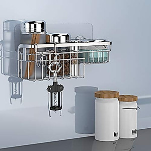 LUXEAR Reusable Adhesive Shower Shelf with Hooks - Rustproof Bathroom Shower Caddy Storage Organizer - Stainless Steel Shower Rack Basket for Shampoo Soap Razor - No glue