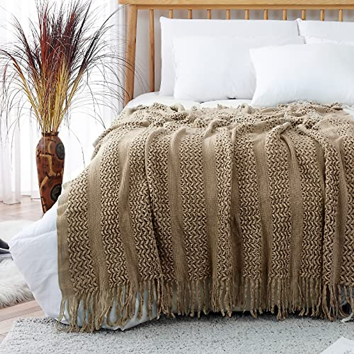 jinchan Knit Throw Blanket Taupe Soft Couch Throw Blanket with Tassels Spring Bed Throw Blanket Indoor Outdoor Travel Warm Coverlet for Sofa Comforter Living Room Decor Nursery Gift 50 x 60 inch