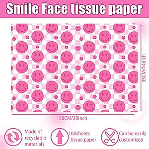 100 Sheets 20 * 14 Preppy Tissue Paper Hot Pink Smile Face Pink White Plaid Y2k Gift Wrap Tissue Paper for Gift Bags for Wedding Birthday Preppy Theme Party Decor