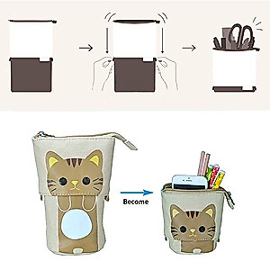 Oyachic Telescopic Pencil Holder Cat Pen Case Stand UP Cosmetics Organizer Pouch Zipper Box Bag with Inner Pocket