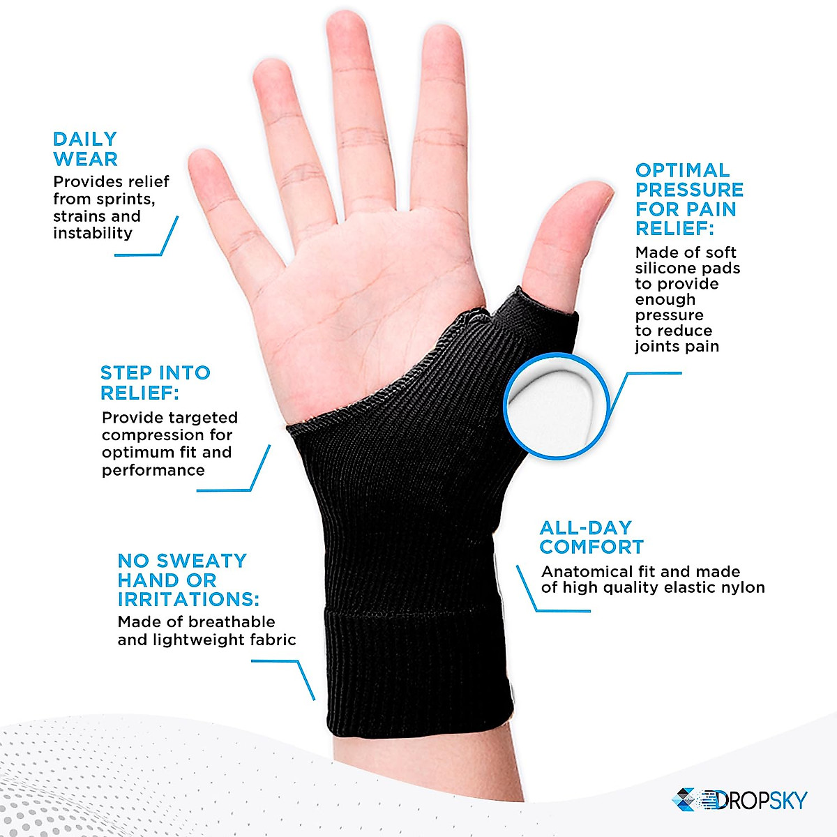 Dropsky Wrist Thumb Support With Gel Pad,Thumb Brace for Arthritis Pain and Support-Thumb Wrist Brace, Arthritis and Carpal Tunnel Pain- Left and Right Hand- Breathable, Lightweight, 4 pack-(Black)