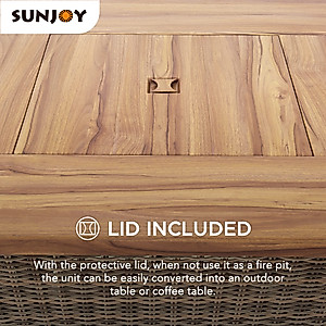 Sunjoy 38 in Fire Pit Table, Patio Propane Gas Burning Brown All-Weather Wicker Firepits Large Fire Table with Lid for Outside by AmberCove