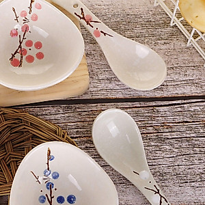 VanEnjoy Set of 4 Chinese/Japanese Ceramic Soup Spoons, Pink Cherry Blossom in Snow Pattern Ceramic Spoon Suitable for Soup