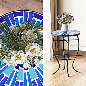 FROMJBEST Mosaic Outdoor Side Table, Patio Side Table, Weather Resistant 14" Diameter 21" H Ceramic Tile Round Outside Table for Patio, Porch, Garden, Pool, Indoor&Outdoor,Plant Stand (Vortex)