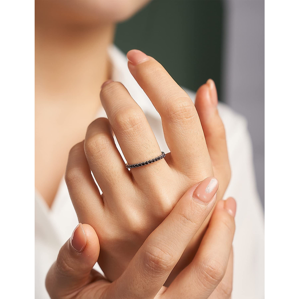 IMOLOVE Black Moissanite Wedding Band for Women Sterling Silver Moissanite Rings for Women with 18K White Gold Plated Half Eternity Bands ring for Women-BW-70