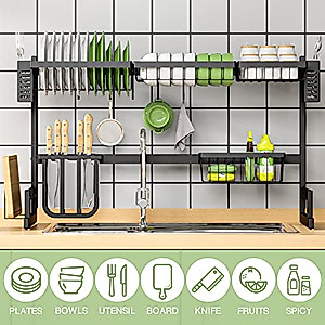TOOLF Over Sink Dish Dying Rack, Large Capacity Dish Rack, 2-Tier Dish Drainer, Sink Organize Stand Shelf with Utensil Holder&Hooks, Kitchen Counter Supplies Storage for Plates Bowls Pots, Black