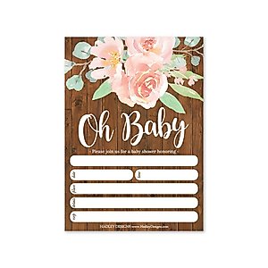 25 Rustic Floral Baby Shower Invitations, Sprinkle Oh Baby Invite For Girl, Coed Gender Reveal Neutral Theme, Pink Floral Printed Fill or Write In Blank Printable Card, Cute Wood Party DIY Supplies