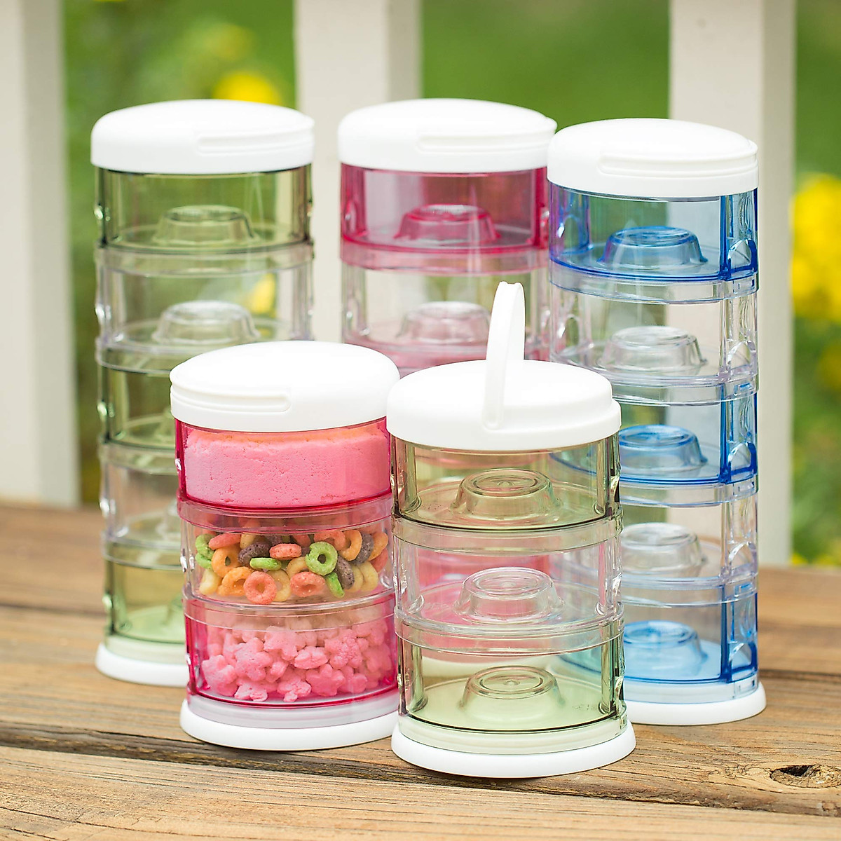 Innobaby Packin' Smart Stackable and Portable Storage System for Formula, Baby Snacks and More. Set of 5 Stackable Containers in Strawberry Sorbet. BPA Free.