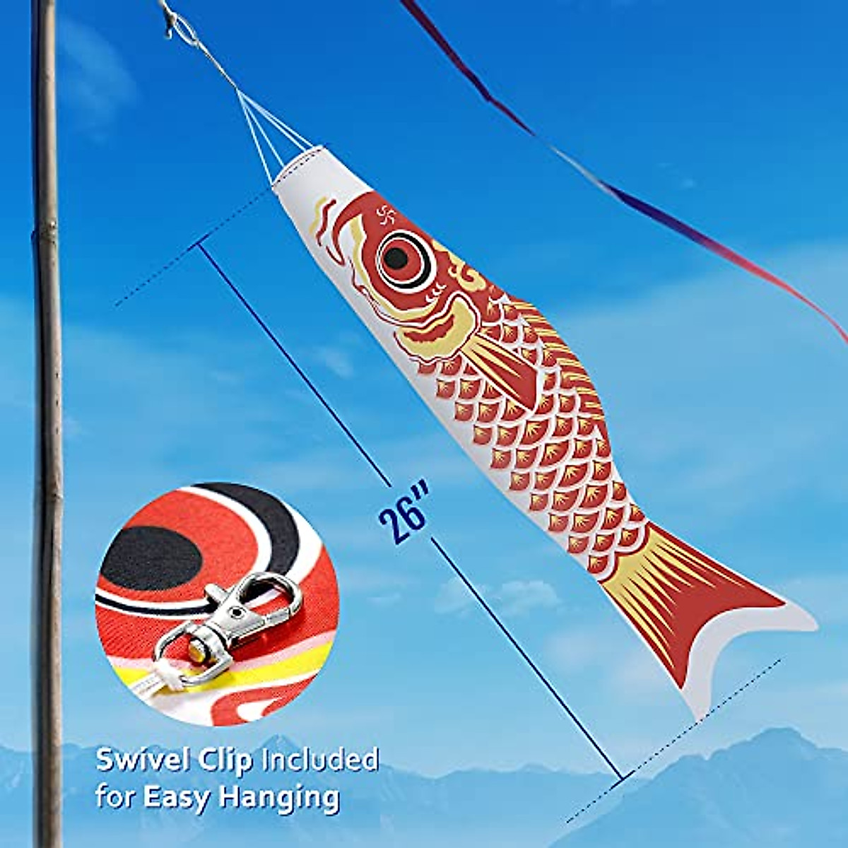Anley 26 Inch Japan Koi Fish Flag Carp Windsock Streamer - Japanese Koinobori Traditional Hanging Flag & Banner for Children's Day - Outdoor Decorations Garden Backyard Décor Breeze Flying Fish