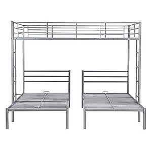BOVZA Metal Triple Bunk Bed, Full Over Twin & Twin Size Bunk Bed with Built-in Shelf and Ladder, 3 Bunk Beds for Kids Teens Adults, Silver