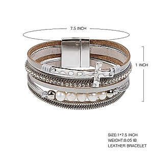 Vercret Leather Wrap Bracelet for Women - Multi-Layer Bracelets for lady, Ideal Gift Bracelet for Women, Mom (Pearl Cross Grey)