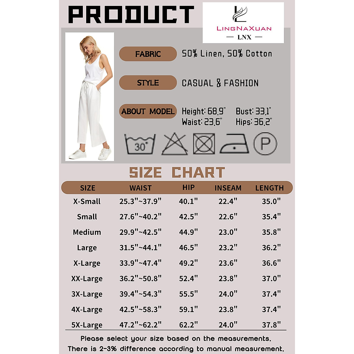 LNX Women's Linen Pants High Waist Wide Leg Drawstring Casual Loose Trouser Beige