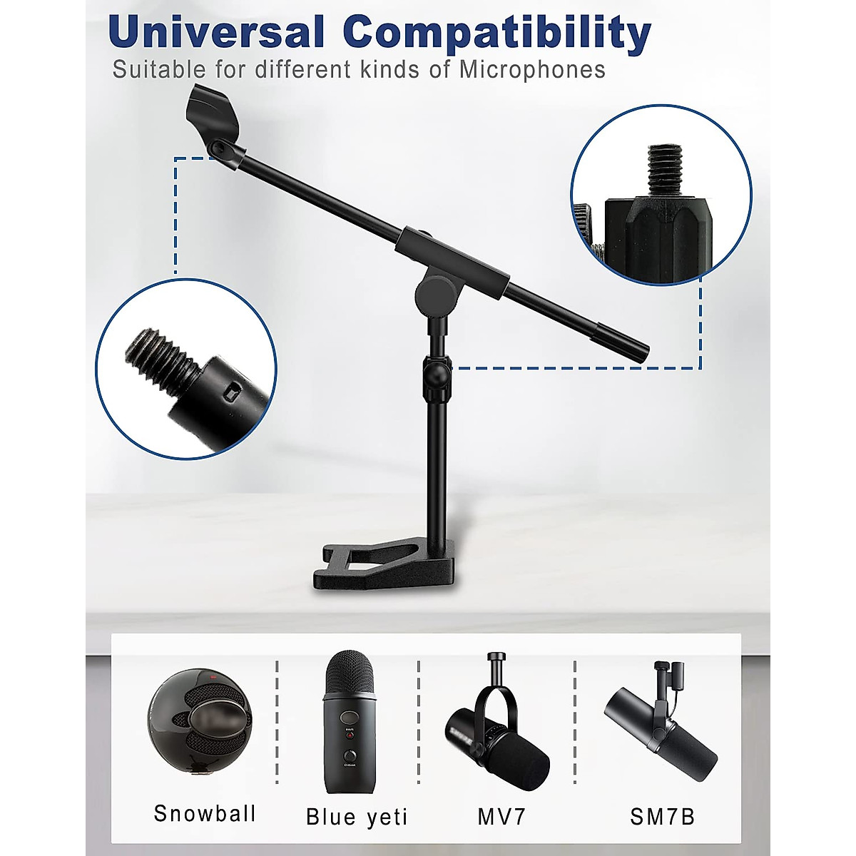 Mictop Desktop Microphone Stand, Adjustable Mic Stand with Boom Arm, Mic Clip Holder and 3/8" to 5/8" Screw Adapter for Dynamic Microphone and Blue Snowball, Blue Yeti, Kick Drums, Guitar Amps