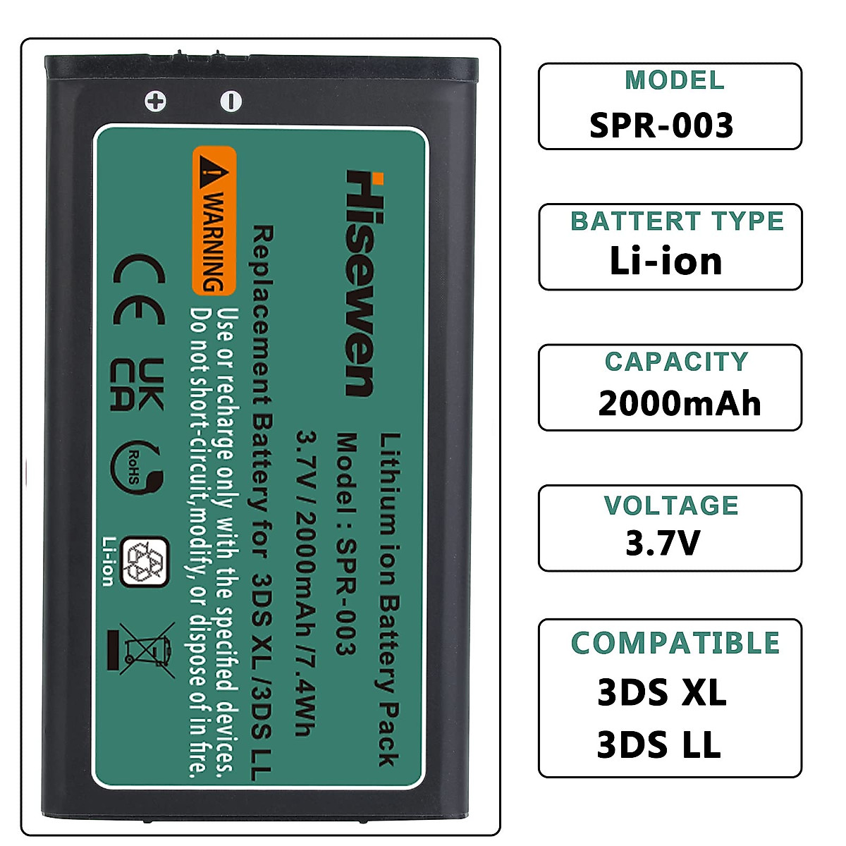 Hisewen 3DS XL Battery, SPR-003 Replacement Lithium-ion Battery 2000mAh Compatible with Nintendo 3DS XL, New 3DS XL, 3DS LL Console with Tool 【Not for New 3DS】