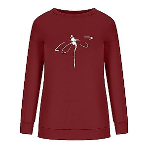 ZDRZK today 2023 clearance sweatshirt for women Women Fall Fashion Sweatshirts Dressy Casual Dragonfly Print Tunic Shirts Long Sleeve Crewneck Pullover Blouse Red S
