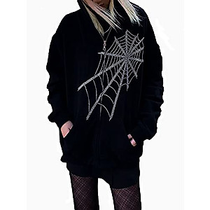 Womens Y2k Rhinestone Spider Web Zip Up Hoodies Vintage Harajuku Oversized Long Sleeve E Girl Streetwear Hoody with Pocket (L, Black)