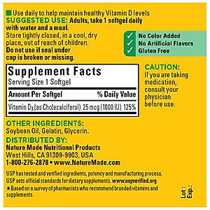 Nature Made Vitamin D3 1000 IU (25 mcg), Dietary Supplement for Bone, Teeth, Muscle and Immune Health Support, 100 Softgels, 100 Day Supply
