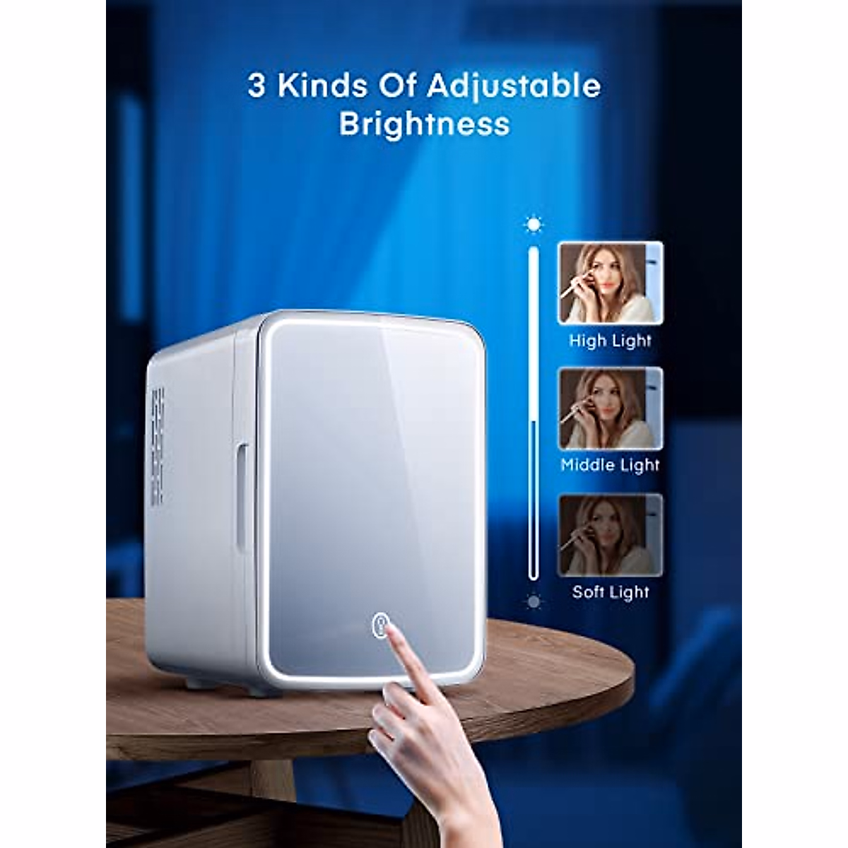 10 Liter/11 Can Mini Skincare Fridge with 3-Mode LED & Mirror, 110V AC/12V DC Portable Cooler & Warmer Small Refrigerator for Skin Care Cosmetic Makeup, Perfect for Office Bedroom Dorm Car, White