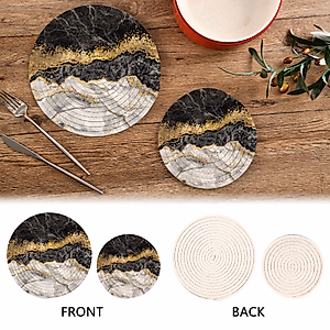 Kitchen Pot Holders Set Round Cotton Potholders Hot Pads, Hot Mats Gold Black Marble for Hot Dishes Pot Bowl Teapot