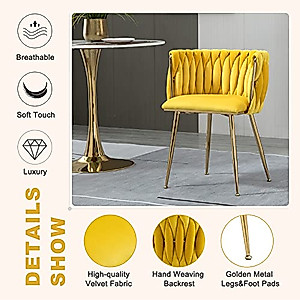 NIOIIKIT Modern Velvet Dining Chairs Set of 2 Hand Weaving Accent Chairs Living Room Chairs Upholstered Side Chair with Golden Metal Legs for Dining Room Kitchen Vanity Living Room (Mustard)