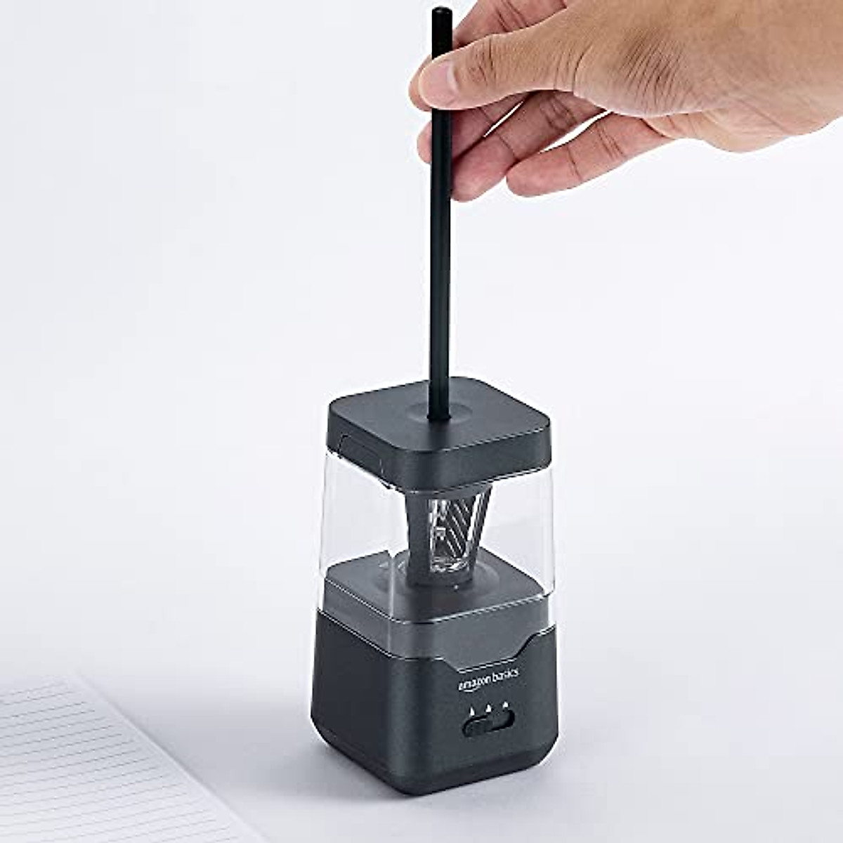 Amazon Basics Portable Electric Pencil Sharpener, Helical Blade, Auto Stop, Battery/USB Cord Operated