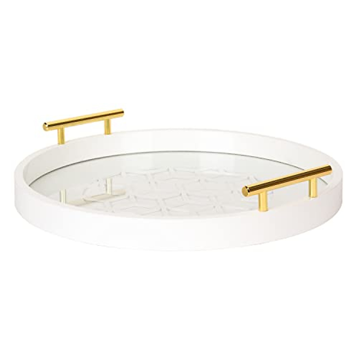 Kate and Laurel Caspen Round Cut Out Pattern Decorative Tray with Gold Metal Handles, White