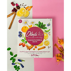Olinda Healing Flowers & Roots Gift Box, 45 Tea Bags, Cinnamon Mint, Beauty, Chamomile, Lemon Blossom, Cinnamon Apple, Turmeric, Valerian, Stress Relief and Orange Teas - 1 box