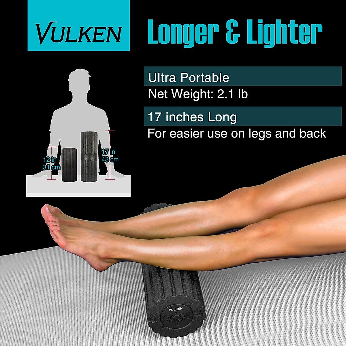 Vulken Extra Long 17” Vibrating Foam Roller 4 Speeds 3800RPM High Intensity Quick Charge Electric Foam Roller Tissue Massager for Muscle Recovery