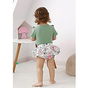 nilikastta Newborn Baby Girl Clothes Infant Girl Summer Outfit Ruffle Sleeve Romper Floral Shorts Bowknot Headband Set(Green,3-6M)