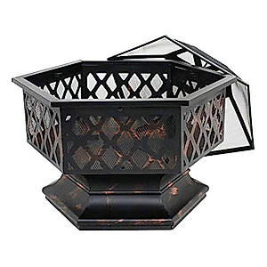 LEAYAN Garden Fire Pit Grill Bowl Grill Barbecue Rack Outdoor Fire Pits Portable Metal Fire Pit Hexagon Design Fireplace Stove with Mesh Screen Cover Fireplace Stove Wood Burning