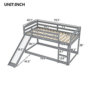 TARTOP Twin Over Twin Bunk Bed with Convertible Slide and Ladder,Solid Pinewood Frame, Low Bunk Bed w/Safety Guardrails,Suitable for Kids/Teen,No Box Spring Needed,Gray