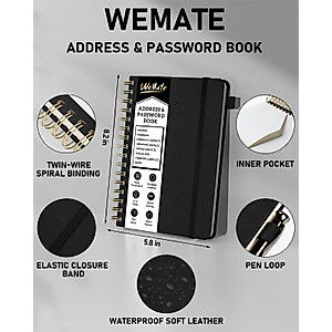 WEMATE Spiral Address Book with Alphabetical Tabs, Leather Password Book, Address Organizer Telephone Notebook Journal Keep Contact Safe Hardcover Large Print for Seniors Home Office 5.8″×8.2″, Black