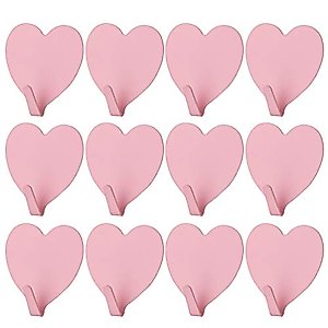 Hemoton 12 Pcs Iron Strong Heart Shaped Adhesive Hangers Wall Mounted Hooks Coat Hook Traceless Hanger for Bathroom Kitchen (Light Pink)