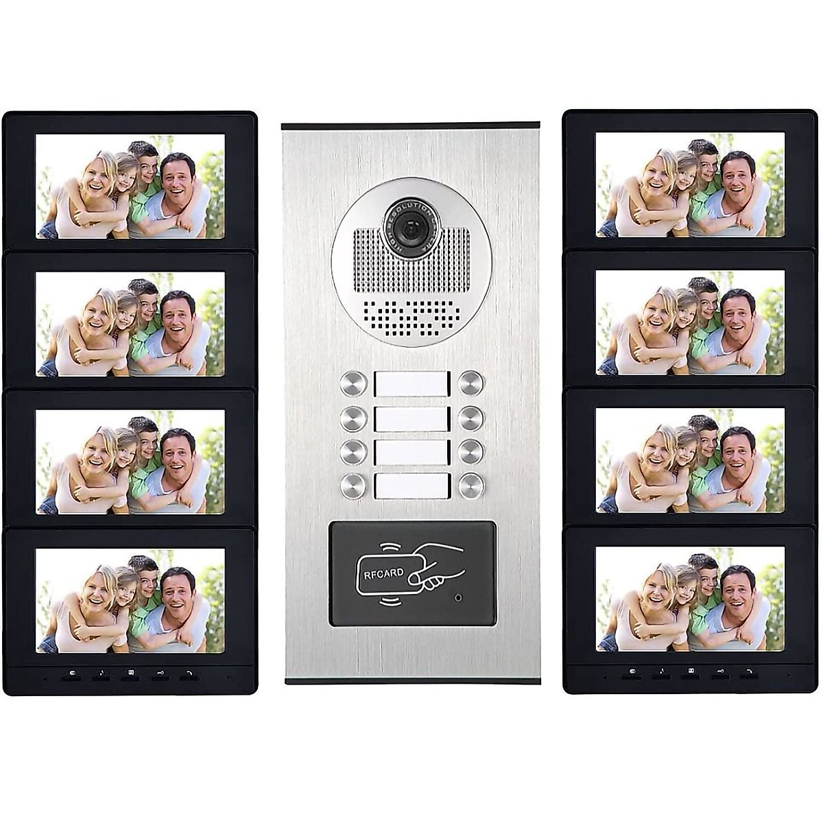 AMOCAM 8 Units Apartment Intercom System, Video Intercom Video Door Phone Kit, HD Camera 7" Monitor with ID keyfobs Unlock for 8 Household or Office