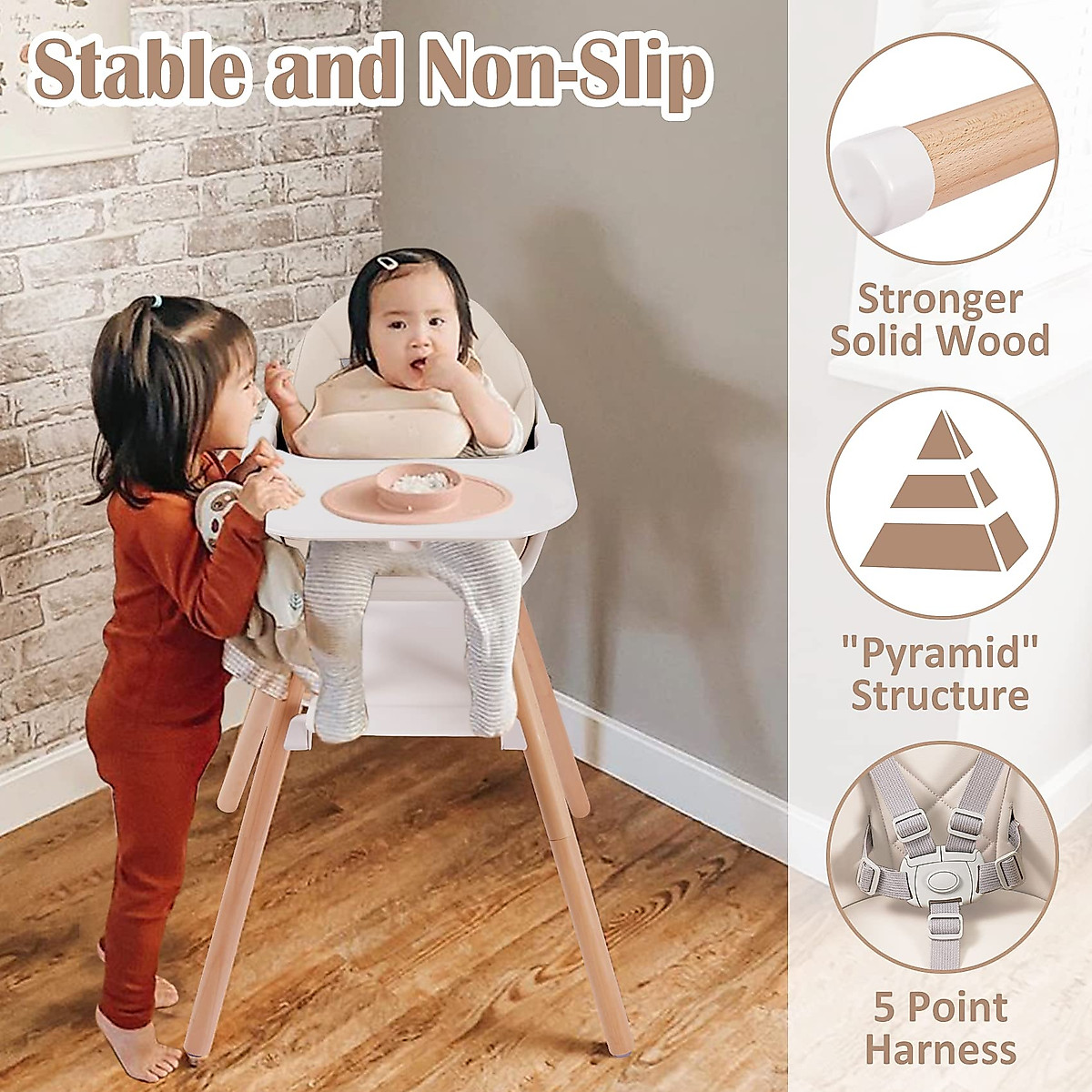 6-in-1 Baby High Chair, Convertible Highchair for Babies and Toddlers with Storage Plate & Dishwasher Safe Tray, Infant Feeding Chair, Wooden High Chair with Hard Beech Wood Legs