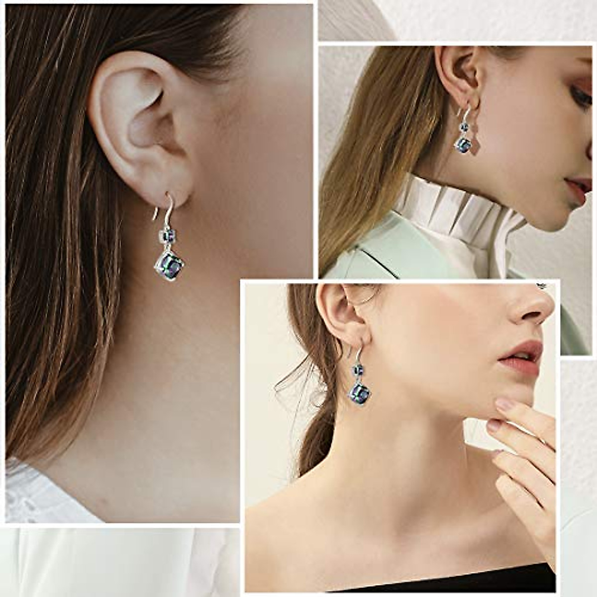 Mystic Fire Topaz Sterling Silver Dangle Earrings for Women - Crystal Rainbow Drop Earrings Christmas Gift SE0025W