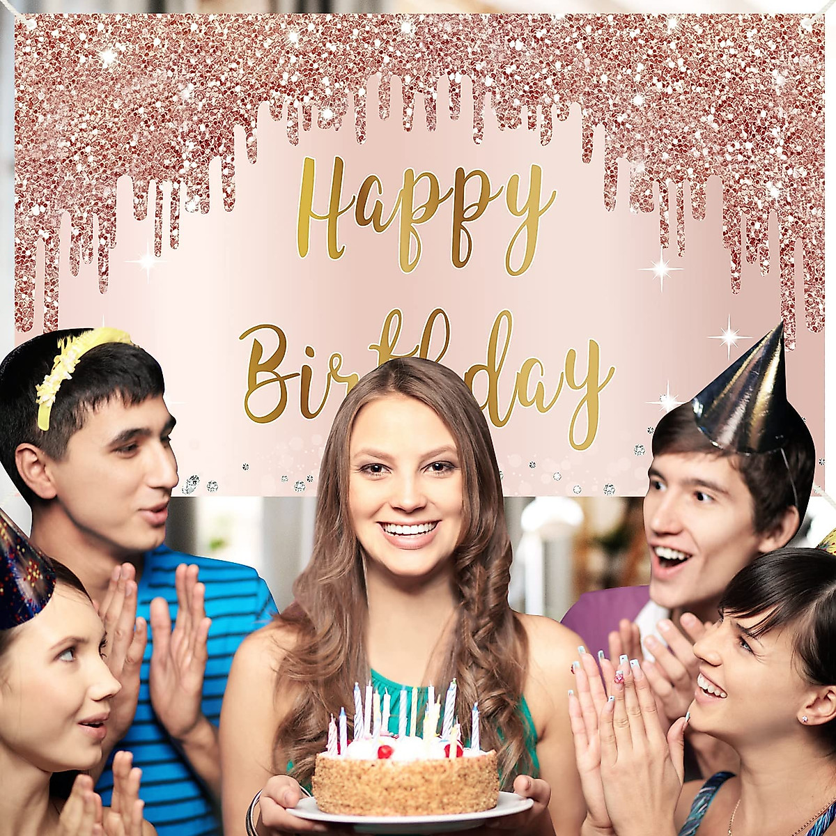 Rose Gold Happy Birthday Banner Backdrop Decorations for Girls Women, Pink Happy Birthday Theme Party Sign Supplies, Large 16th 21st 30th 40th 50th Birthday Poster Background Photo Booth Props Decor