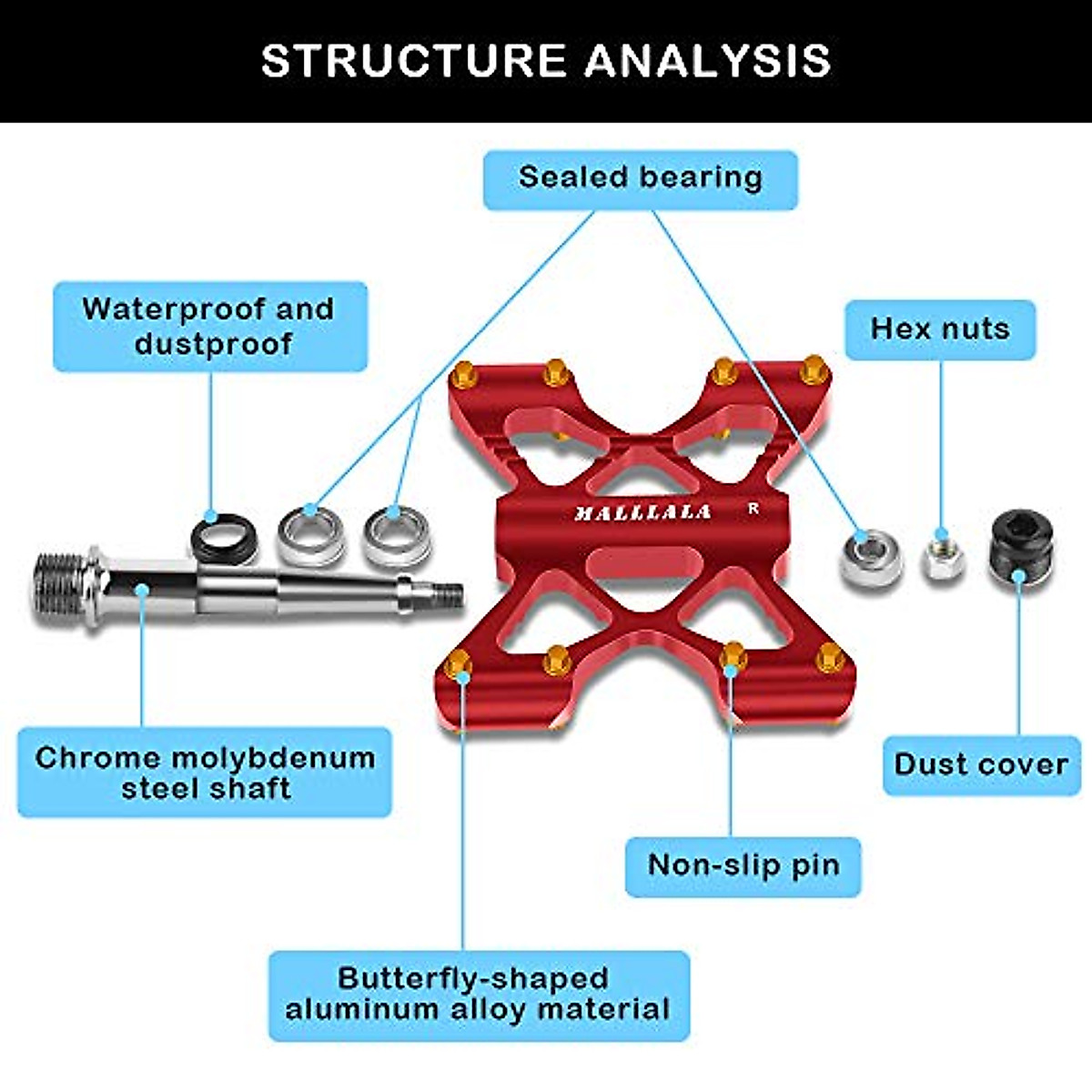 MALLLALA Mountain Bike Pedals,9/16" 3 Sealed Bearing Aluminum Alloy Bicycle Pedals, Bicycle Flat Pedals for BMX Bike,Road Bike, Butterfly Shape Design,16 Hexagonal Non-Slip Studs