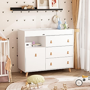 BANIROMAY Baby Changing Table Dresser, Baby Nursery Dresser with Drawers, Hidden Trash Storage, Diaper Changing Table(White + Wood)