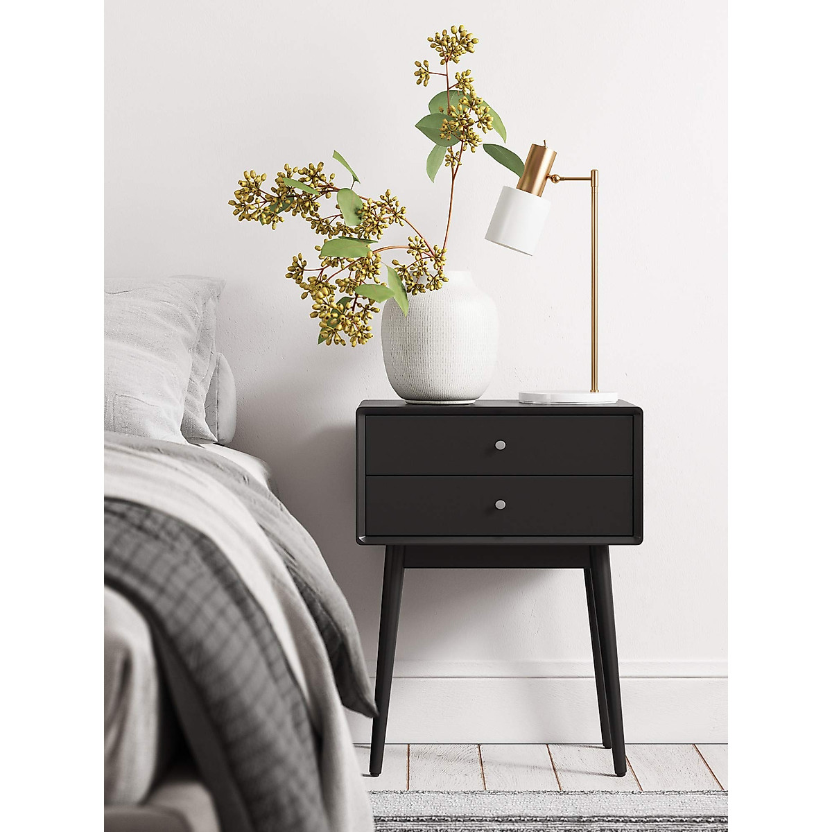 Elle Decor Stephanie Side Table, Mid-Century Modern Nightstand or Living Room Accent with Two Drawers for Storage, Monochrome Painted Wood, Black
