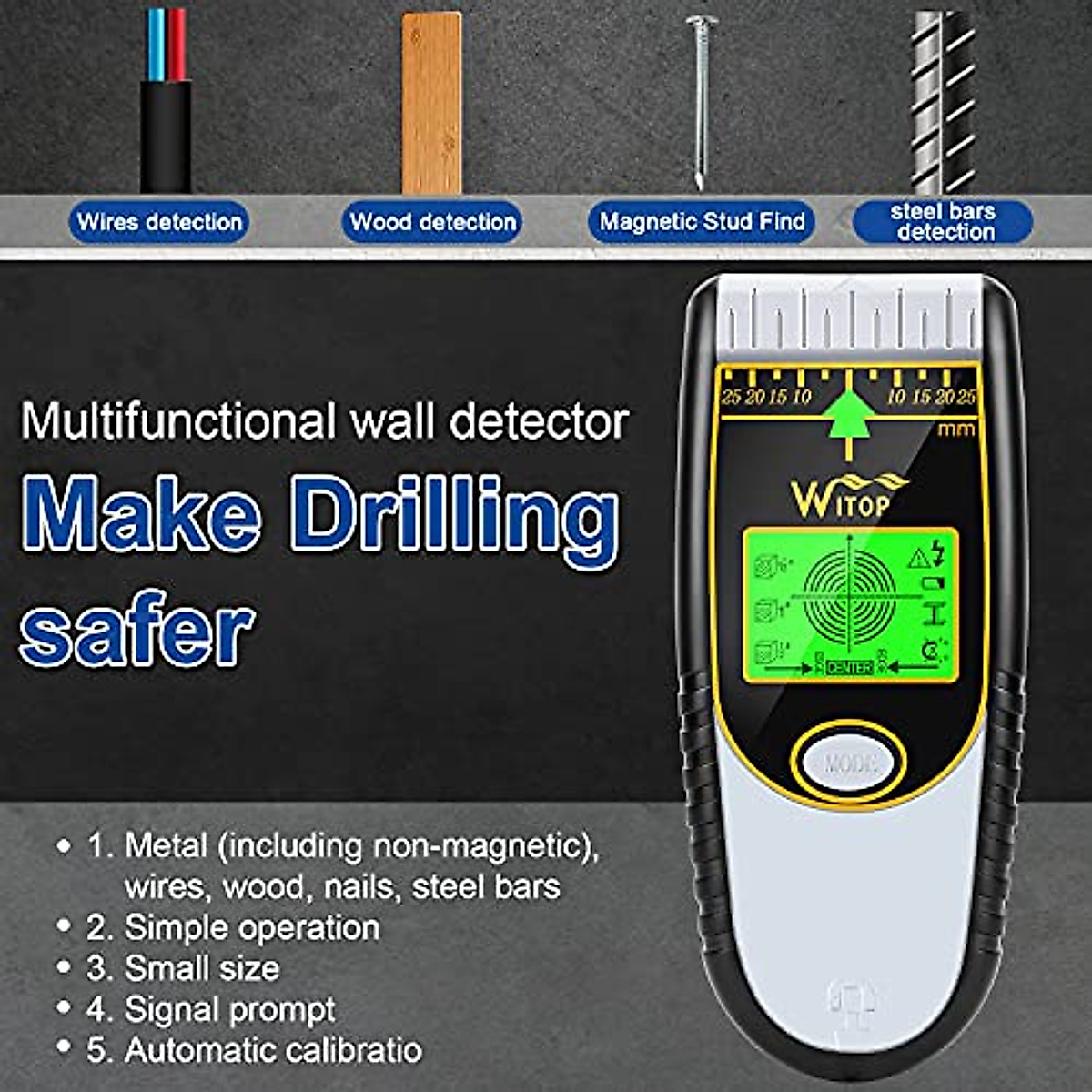 Magnetic Stud Finder WITOP 7 in 1 Multifunctional Electronic Wall Scanner for Wood Beam Center Bracket Metal and AC Wire Line Detector with Battery and HD LCD Display Detection Stud Sensor