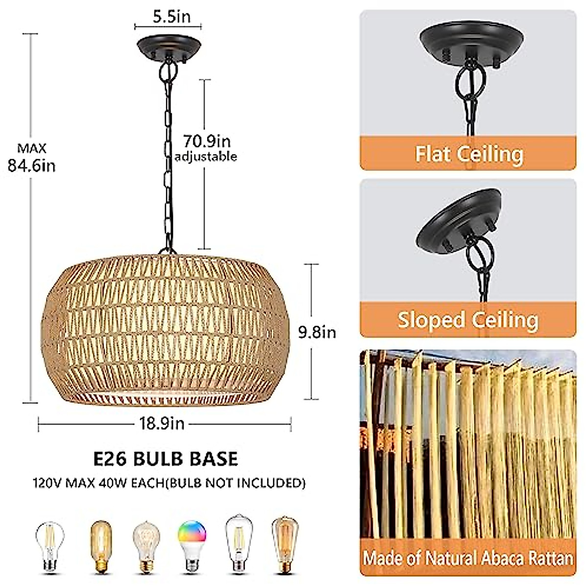 Rattan Farmhouse Chandelier Light Fixtures, 5-Lights Boho Large Pendant Light,Hand Woven Chandeliers for Dining Room with Fabric Shade,Rustic Chandeliers Hanging Light Fixtures for Kitchen Island