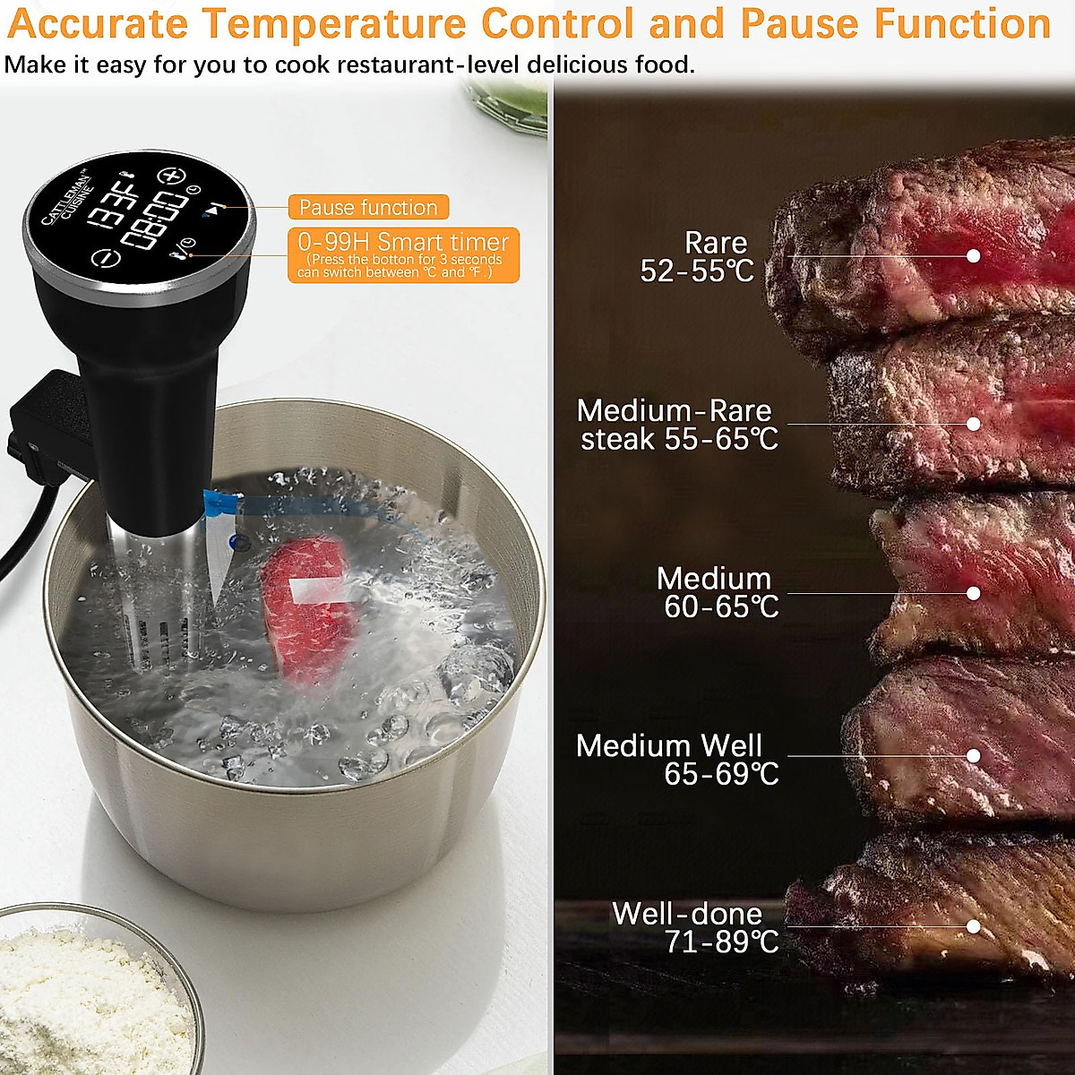 Sous Vide Machine Wi-Fi, Immersion Circulator Precise Cooker, Sous Vide Kit with 30 Vacuum Seal Bags, Vacuum Pump, Cookbook, Accurate Temperature & Timer, 1000W, IPX7 Waterproof, Cattleman Cuisine