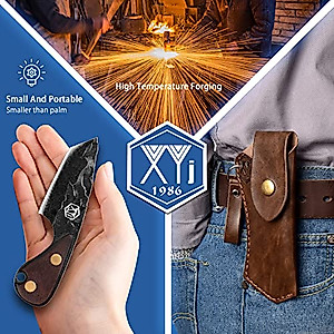 XYJ Authentic Since1986,Camping Pocket Knife With Leather Sheath,Stainless Steel Outdoor Chef Knives,Full Tang Camp Utility Knife,Black Small Portable Cutter (Style 4)