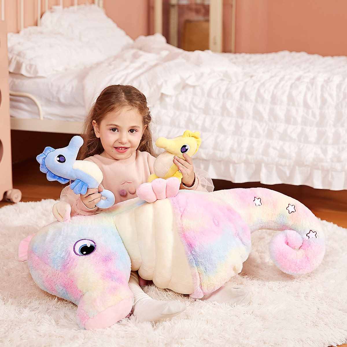 IKASA Giant Seahorse Stuffed Animal Plush Toy,30" Large Sea Horse Cute Jumbo Soft Toys,Huge Big Size Plushy Plushie with Two Babies,Gifts for Kids