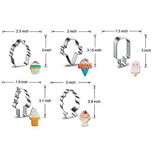 Summer Ice Cream Cookie Cutter Set 5-Piece Stainless Steel Metal Cookie Cutters Shapes Biscuit Molds with Ice Cream Cone, Soft Serve Cone, Popsicle, Ice Cream Sundae, Cupcake