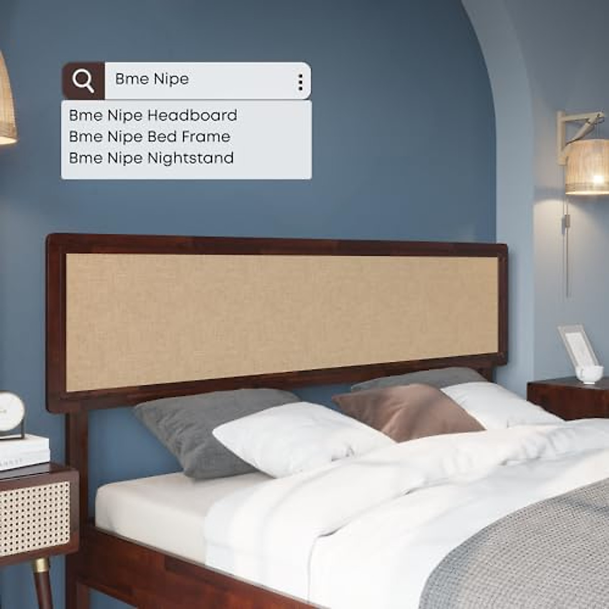 Bme Nipe Queen Headboard ONLY, Boho Bohemian Coastal Style with Solid Wood, Easy Assembly, Walnut